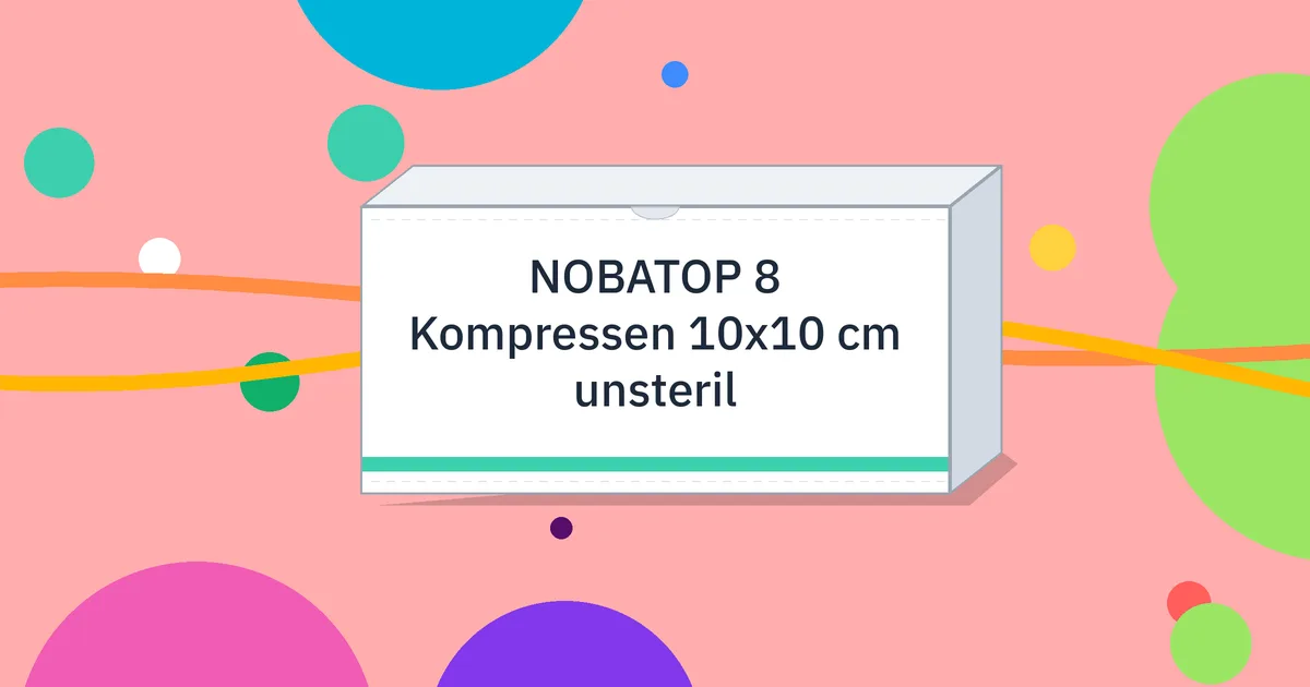 Symbolbild: Packung mit der Aufschrift NOBATOP 8 Kompressen 10x10 cm unsteril (PZN 07099208) – Verfügbarkeit und Bezug in Apotheken in Frankfurt am Main