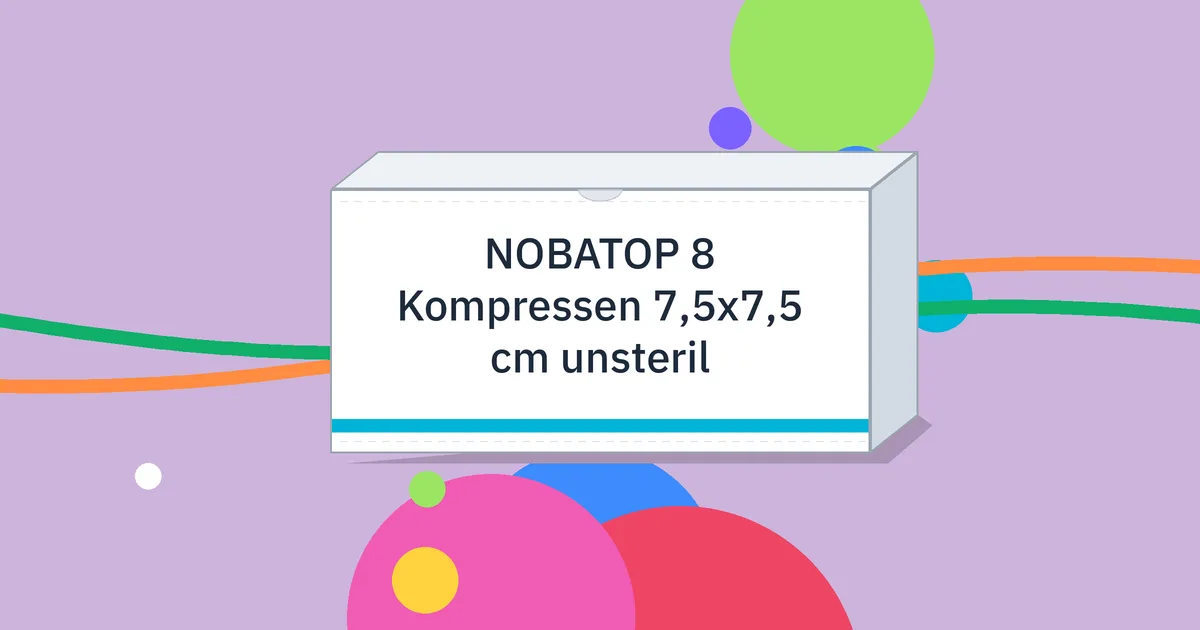 Symbolbild: Packung mit der Aufschrift NOBATOP 8 Kompressen 7,5x7,5 cm unsteril (PZN 07099183) – Verfügbarkeit und Bezug in Apotheken in Frankfurt am Main