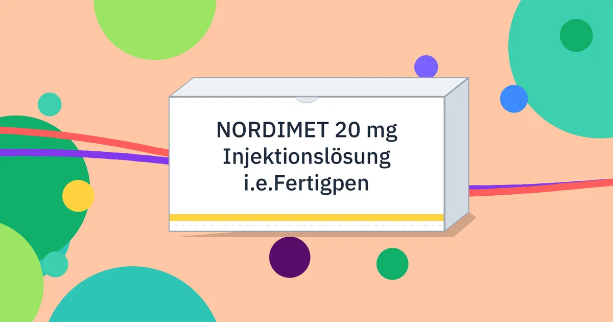 Symbolbild: Packung mit der Aufschrift NORDIMET 20 mg Injektionslösung i.e.Fertigpen (PZN 15264561) – Verfügbarkeit und Bezug in Apotheken in Frankfurt am Main