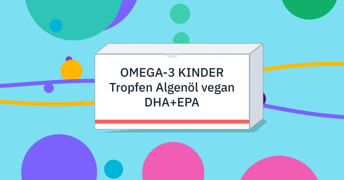 Symbolbild: Packung mit der Aufschrift OMEGA-3 KINDER Tropfen Algenöl vegan DHA+EPA (PZN 20864317) – Verfügbarkeit und Bezug in Apotheken in Frankfurt am Main