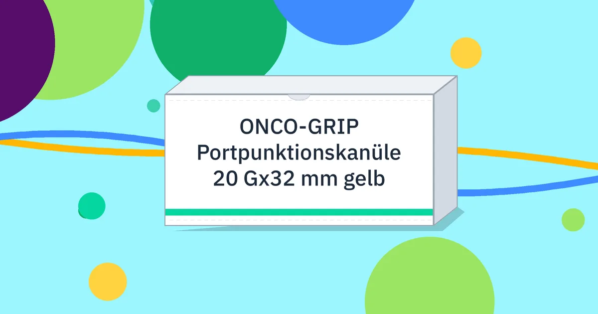 Symbolbild: Packung mit der Aufschrift ONCO-GRIP Portpunktionskanüle 20 Gx32 mm gelb (PZN 09199842) – Verfügbarkeit und Bezug in Apotheken in Frankfurt am Main