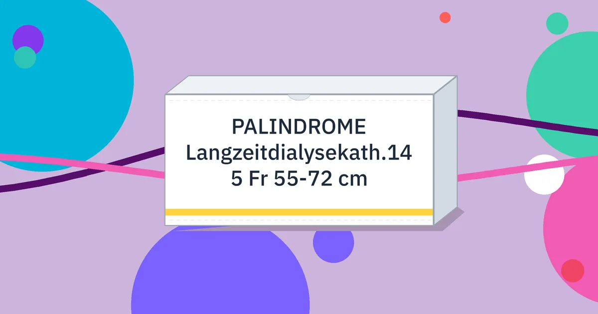 Symbolbild: Packung mit der Aufschrift PALINDROME Langzeitdialysekath.14 5 Fr 55-72 cm (PZN 00155174) – Verfügbarkeit und Bezug in Apotheken in Frankfurt am Main