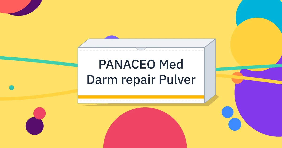 Symbolbild: Packung mit der Aufschrift PANACEO Med Darm repair Pulver (PZN 16886299) – Verfügbarkeit und Bezug in Apotheken in Frankfurt am Main