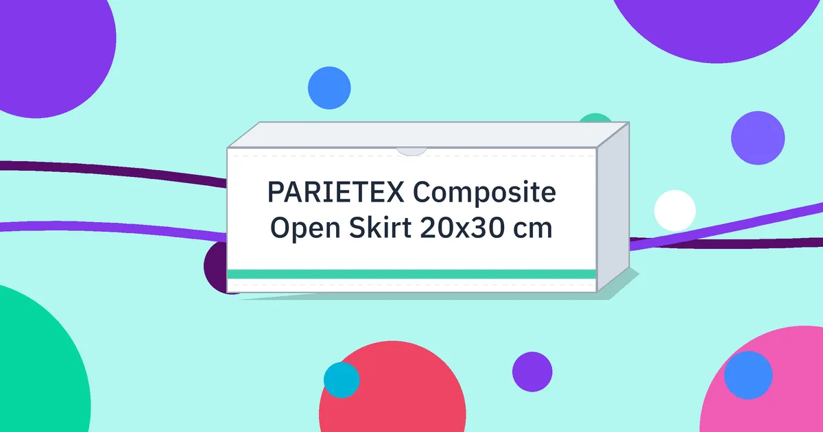 Symbolbild: Packung mit der Aufschrift PARIETEX Composite Open Skirt 20x30 cm (PZN 07603322) – Verfügbarkeit und Bezug in Apotheken in Frankfurt am Main