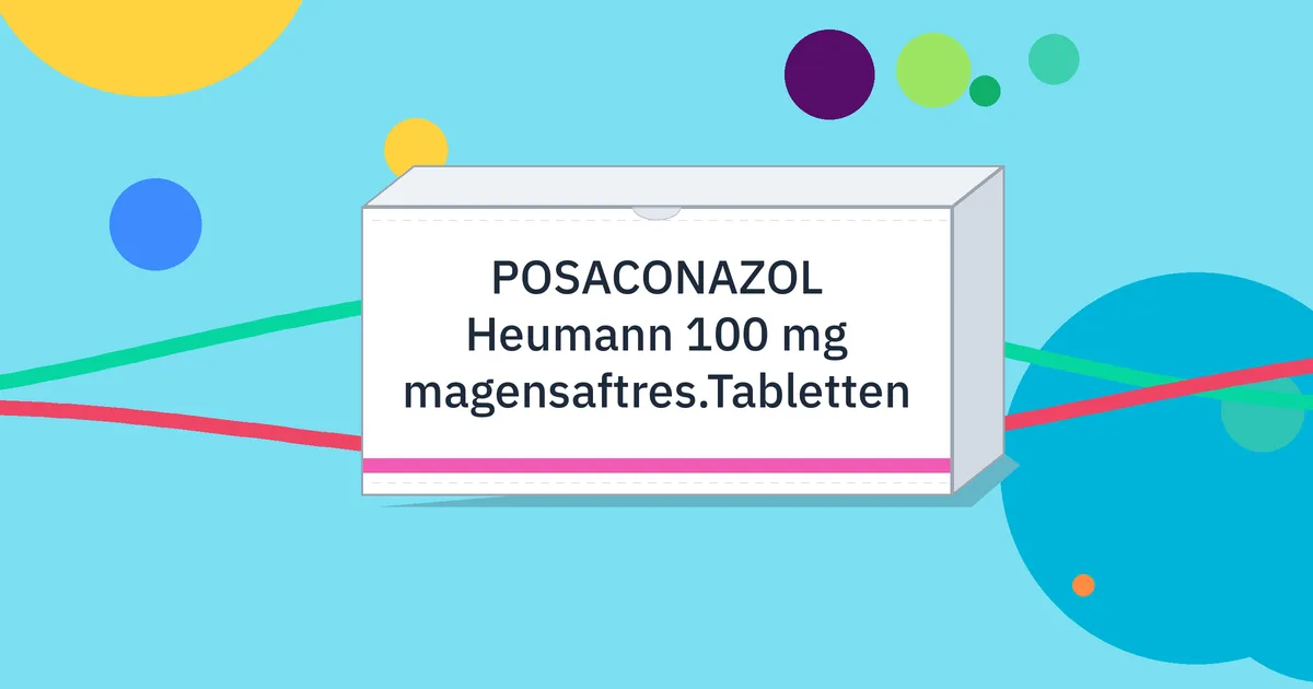 Symbolbild: Packung mit der Aufschrift POSACONAZOL Heumann 100 mg magensaftres.Tabletten (PZN 18443169) – Verfügbarkeit und Bezug in Apotheken in Frankfurt am Main