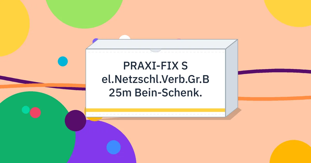Symbolbild: Packung mit der Aufschrift PRAXI-FIX S el.Netzschl.Verb.Gr.B 25m Bein-Schenk. (PZN 12825697) – Verfügbarkeit und Bezug in Apotheken in Frankfurt am Main