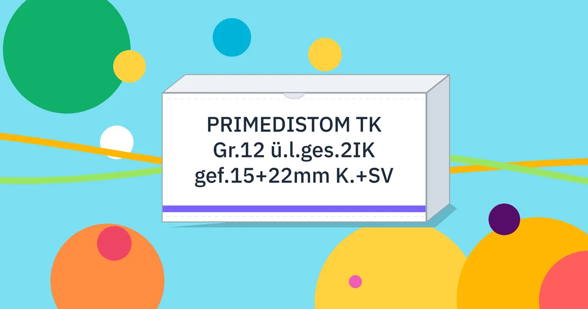 Symbolbild: Packung mit der Aufschrift PRIMEDISTOM TK Gr.12 ü.l.ges.2IK gef.15+22mm K.+SV (PZN 10928513) – Verfügbarkeit und Bezug in Apotheken in Frankfurt am Main