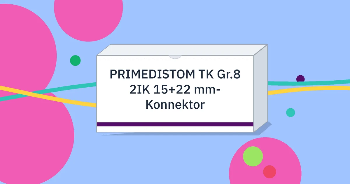 Symbolbild: Packung mit der Aufschrift PRIMEDISTOM TK Gr.8 2IK 15+22 mm-Konnektor (PZN 10266259) – Verfügbarkeit und Bezug in Apotheken in Frankfurt am Main