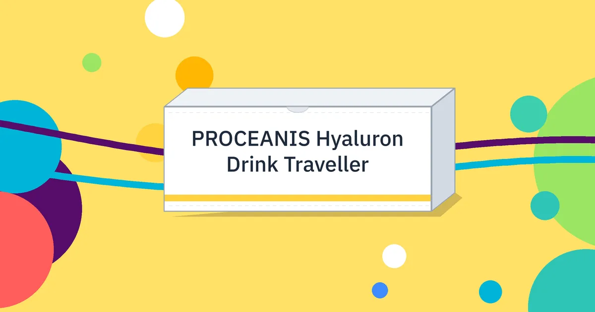 Symbolbild: Packung mit der Aufschrift PROCEANIS Hyaluron Drink Traveller (PZN 19413331) – Verfügbarkeit und Bezug in Apotheken in Frankfurt am Main