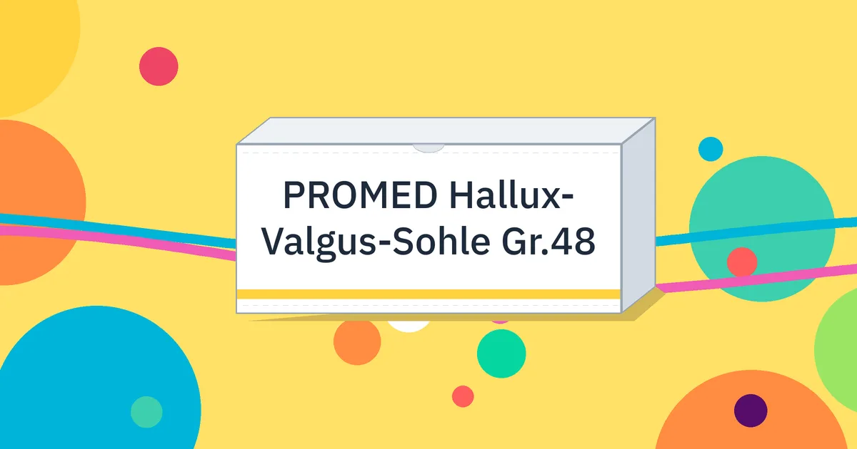 Symbolbild: Packung mit der Aufschrift PROMED Hallux-Valgus-Sohle Gr.48 (PZN 07299284) – Verfügbarkeit und Bezug in Apotheken in Frankfurt am Main