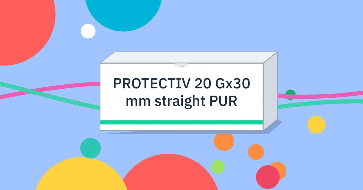 Symbolbild: Packung mit der Aufschrift PROTECTIV 20 Gx30 mm straight PUR (PZN 09104451) – Verfügbarkeit und Bezug in Apotheken in Frankfurt am Main