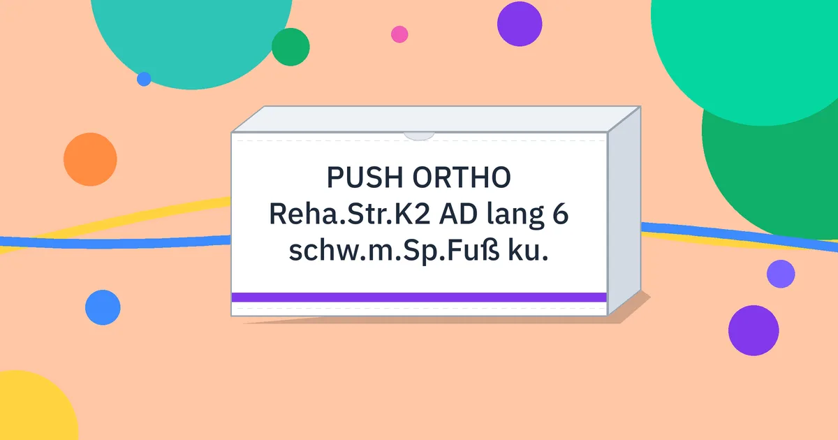 Symbolbild: Packung mit der Aufschrift PUSH ORTHO Reha.Str.K2 AD lang 6 schw.m.Sp.Fuß ku. (PZN 19157738) – Verfügbarkeit und Bezug in Apotheken in Frankfurt am Main