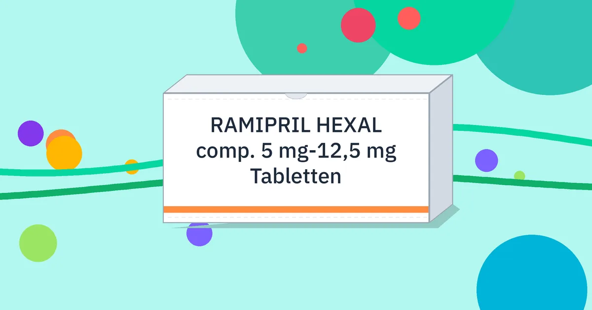Symbolbild: Packung mit der Aufschrift RAMIPRIL HEXAL comp. 5 mg-12,5 mg Tabletten (PZN 06132613) – Verfügbarkeit und Bezug in Apotheken in Frankfurt am Main