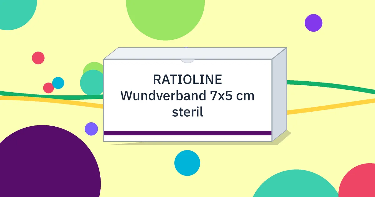 Symbolbild: Packung mit der Aufschrift RATIOLINE Wundverband 7x5 cm steril (PZN 13582972) – Verfügbarkeit und Bezug in Apotheken in Frankfurt am Main