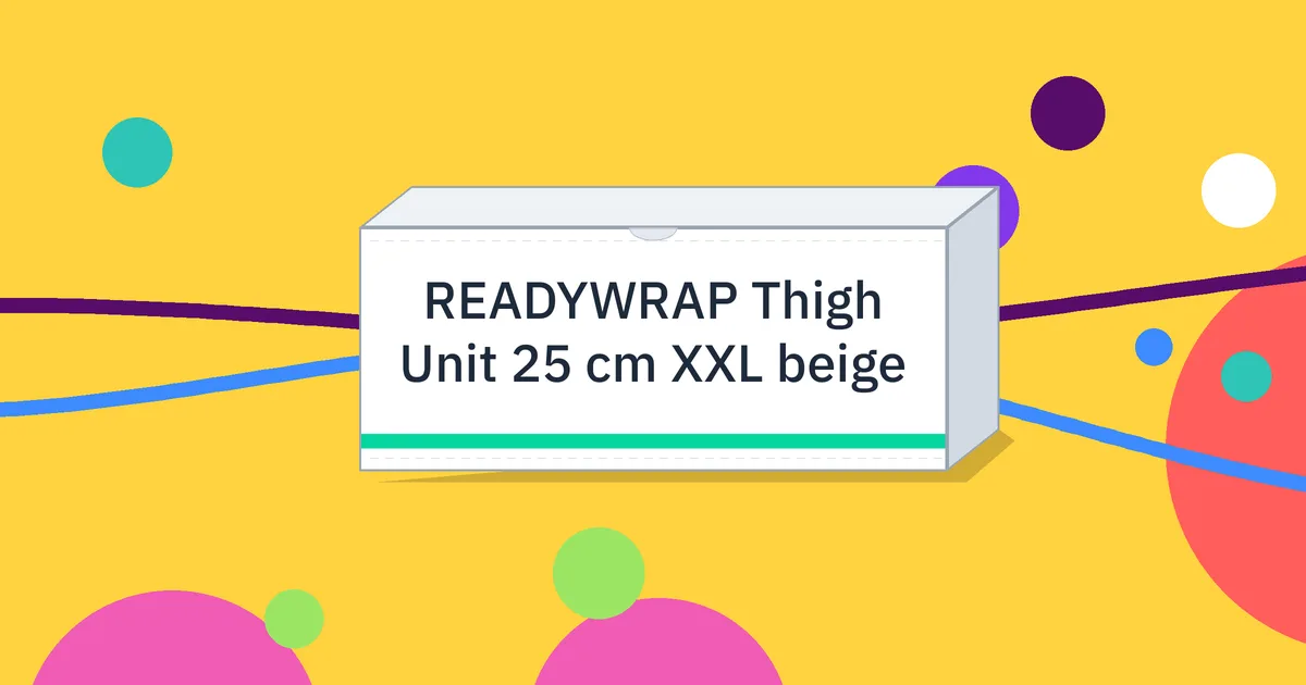 Symbolbild: Packung mit der Aufschrift READYWRAP Thigh Unit 25 cm XXL beige (PZN 16567588) – Verfügbarkeit und Bezug in Apotheken in Frankfurt am Main