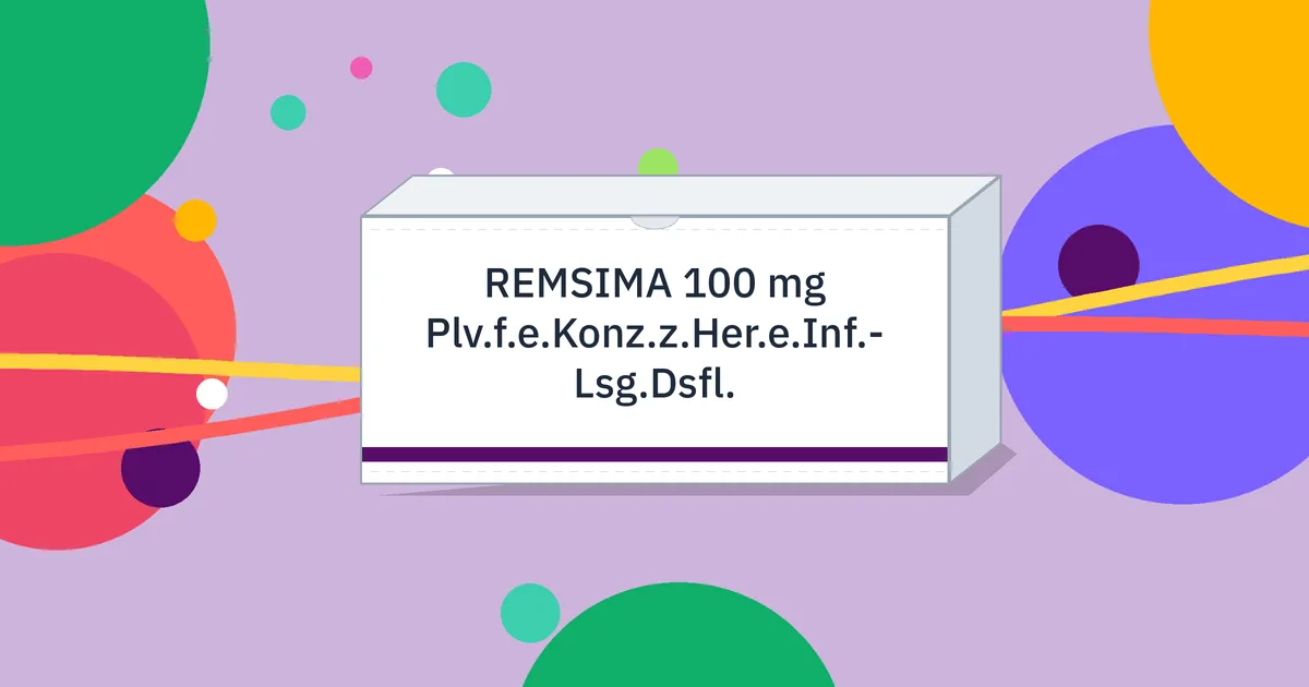 Symbolbild: Packung mit der Aufschrift REMSIMA 100 mg Plv.f.e.Konz.z.Her.e.Inf.-Lsg.Dsfl. (PZN 18836101) – Verfügbarkeit und Bezug in Apotheken in Frankfurt am Main