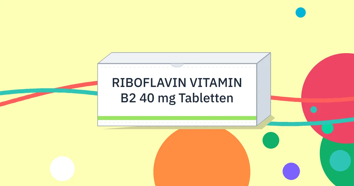 Symbolbild: Packung mit der Aufschrift RIBOFLAVIN VITAMIN B2 40 mg Tabletten (PZN 19302376) – Verfügbarkeit und Bezug in Apotheken in Frankfurt am Main