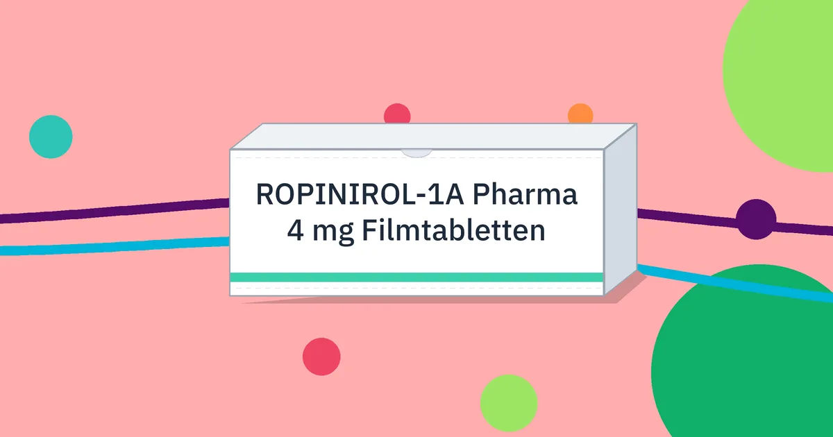 Symbolbild: Packung mit der Aufschrift ROPINIROL-1A Pharma 4 mg Filmtabletten (PZN 09062474) – Verfügbarkeit und Bezug in Apotheken in Frankfurt am Main