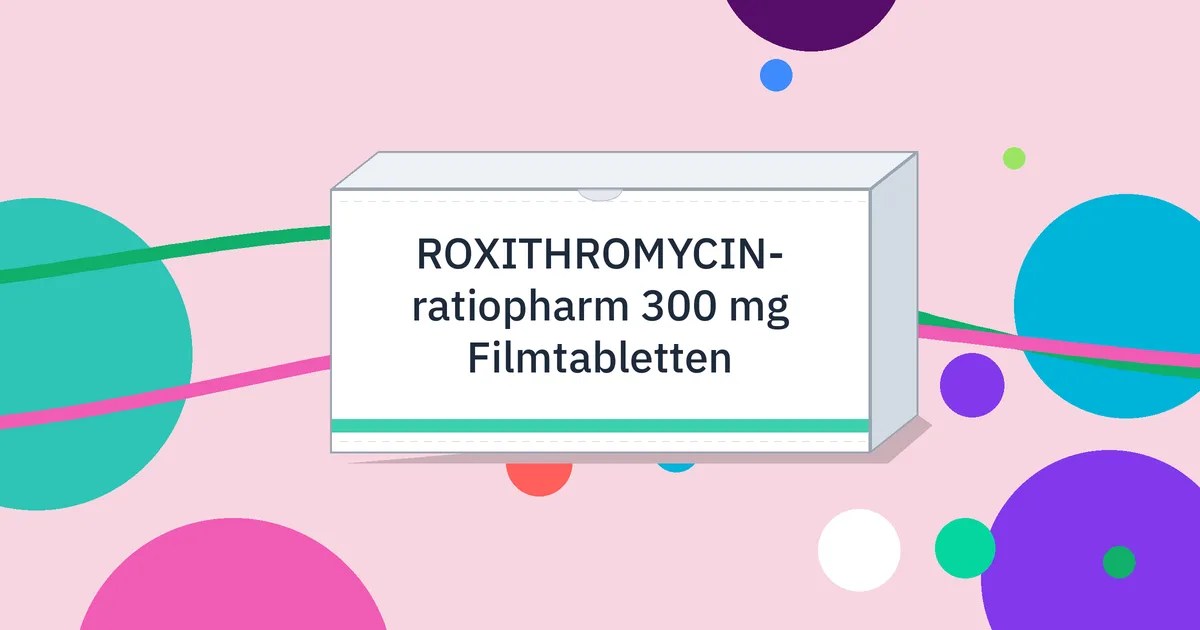 Symbolbild: Packung mit der Aufschrift ROXITHROMYCIN-ratiopharm 300 mg Filmtabletten (PZN 01409984) – Verfügbarkeit und Bezug in Apotheken in Frankfurt am Main