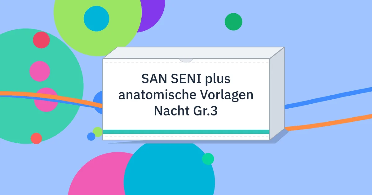 Symbolbild: Packung mit der Aufschrift SAN SENI plus anatomische Vorlagen Nacht Gr.3 (PZN 03128924) – Verfügbarkeit und Bezug in Apotheken in Frankfurt am Main