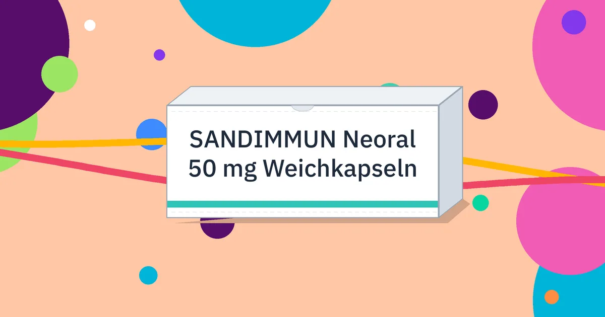 Symbolbild: Packung mit der Aufschrift SANDIMMUN Neoral 50 mg Weichkapseln (PZN 04781135) – Verfügbarkeit und Bezug in Apotheken in Frankfurt am Main