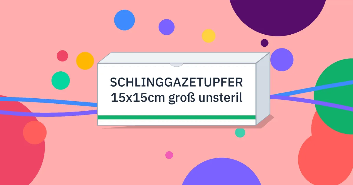Symbolbild: Packung mit der Aufschrift SCHLINGGAZETUPFER 15x15cm groß unsteril (PZN 16145315) – Verfügbarkeit und Bezug in Apotheken in Frankfurt am Main