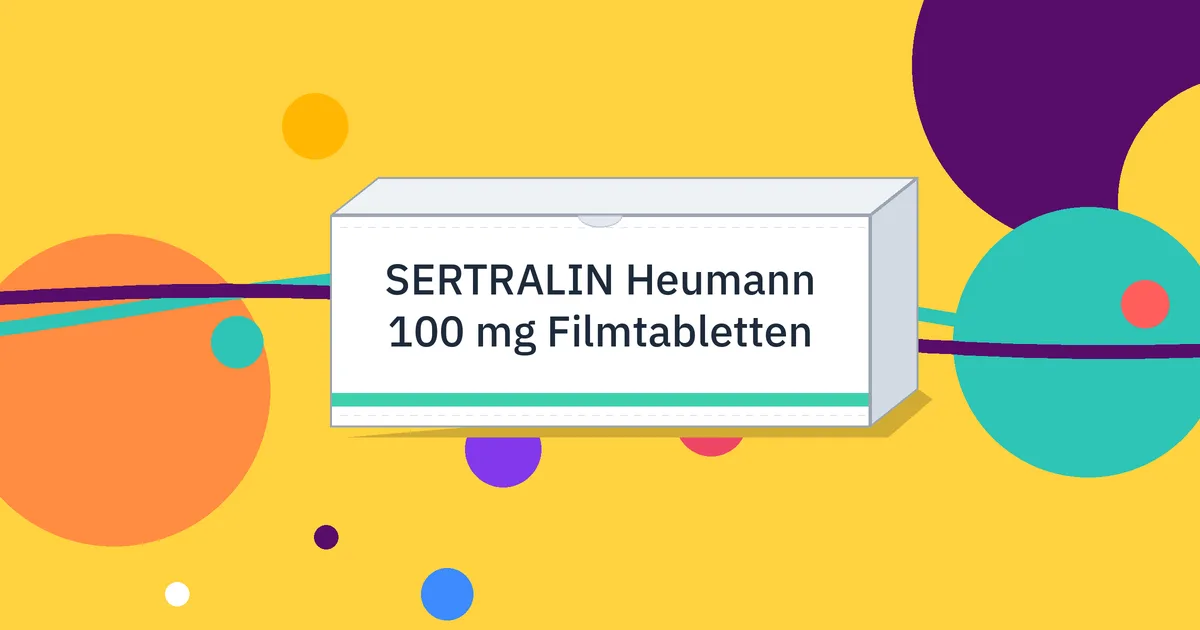 Symbolbild: Packung mit der Aufschrift SERTRALIN Heumann 100 mg Filmtabletten (PZN 03887682) – Verfügbarkeit und Bezug in Apotheken in Frankfurt am Main