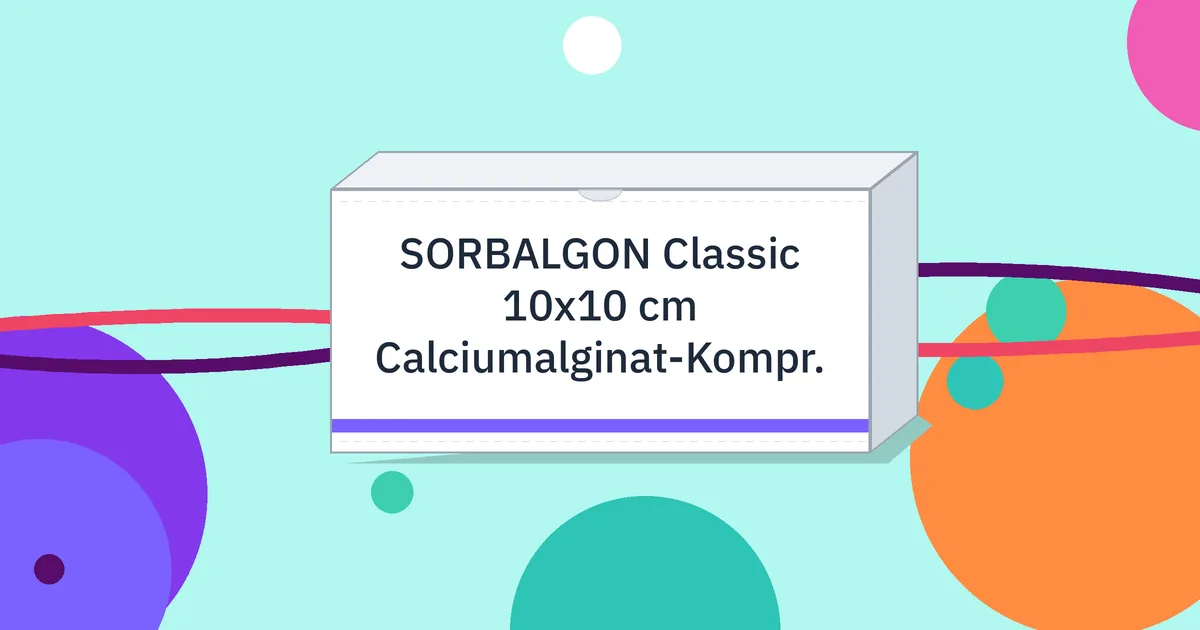 Symbolbild: Packung mit der Aufschrift SORBALGON Classic 10x10 cm Calciumalginat-Kompr. (PZN 19162892) – Verfügbarkeit und Bezug in Apotheken in Frankfurt am Main