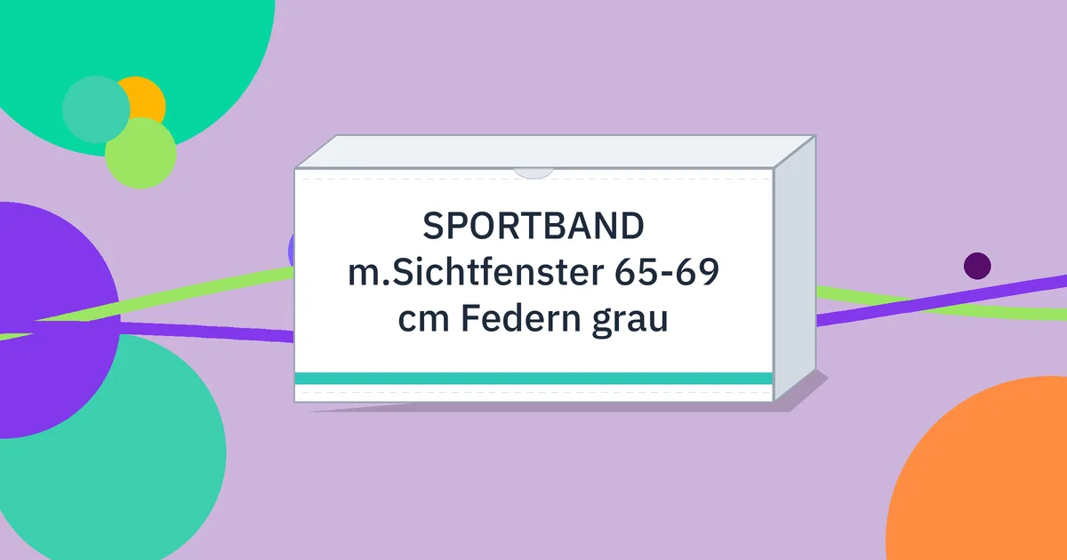 Symbolbild: Packung mit der Aufschrift SPORTBAND m.Sichtfenster 65-69 cm Federn grau (PZN 13916723) – Verfügbarkeit und Bezug in Apotheken in Frankfurt am Main