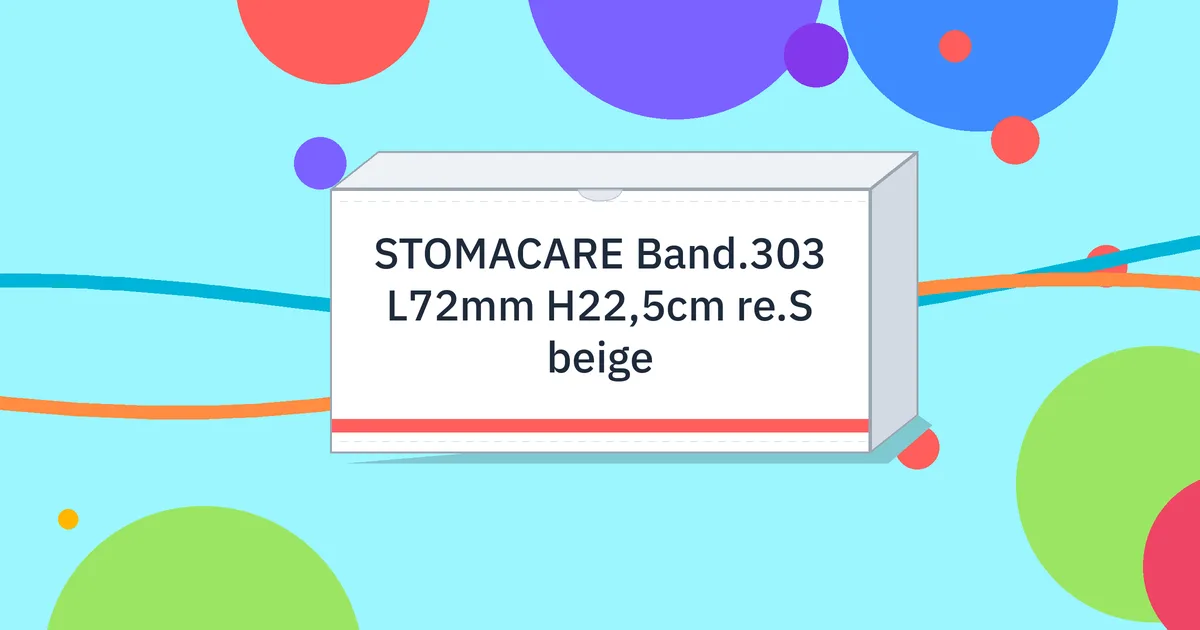 Symbolbild: Packung mit der Aufschrift STOMACARE Band.303 L72mm H22,5cm re.S beige (PZN 10840296) – Verfügbarkeit und Bezug in Apotheken in Frankfurt am Main