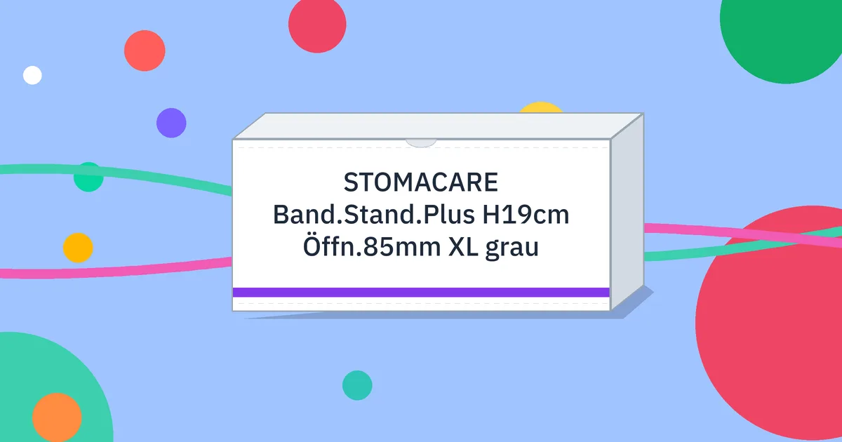 Symbolbild: Packung mit der Aufschrift STOMACARE Band.Stand.Plus H19cm Öffn.85mm XL grau (PZN 16750737) – Verfügbarkeit und Bezug in Apotheken in Frankfurt am Main