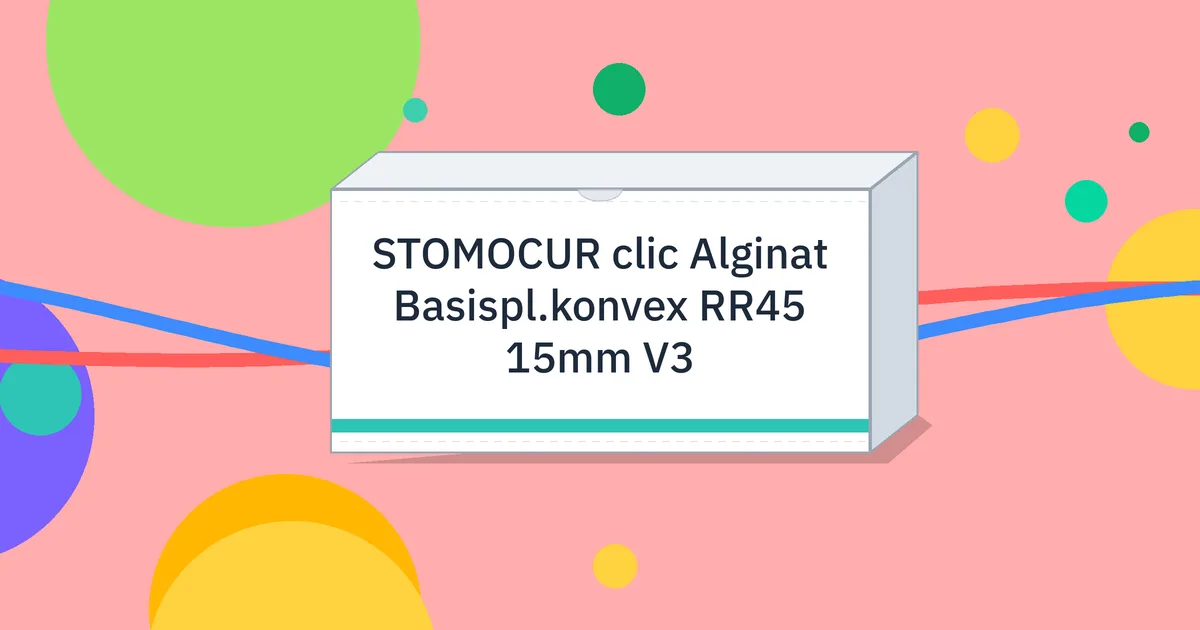 Symbolbild: Packung mit der Aufschrift STOMOCUR clic Alginat Basispl.konvex RR45 15mm V3 (PZN 18759033) – Verfügbarkeit und Bezug in Apotheken in Frankfurt am Main