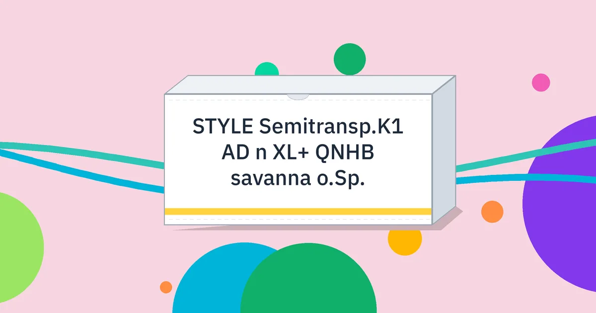 Symbolbild: Packung mit der Aufschrift STYLE Semitransp.K1 AD n XL+ QNHB savanna o.Sp. (PZN 18869856) – Verfügbarkeit und Bezug in Apotheken in Frankfurt am Main
