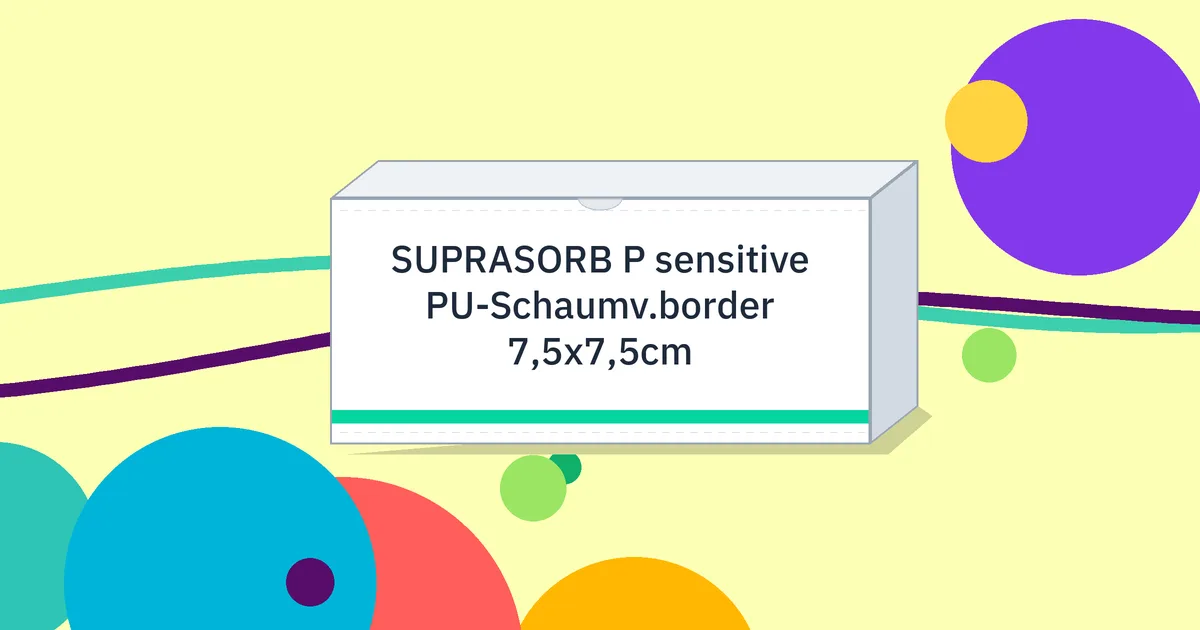 Symbolbild: Packung mit der Aufschrift SUPRASORB P sensitive PU-Schaumv.border 7,5x7,5cm (PZN 20545233) – Verfügbarkeit und Bezug in Apotheken in Frankfurt am Main