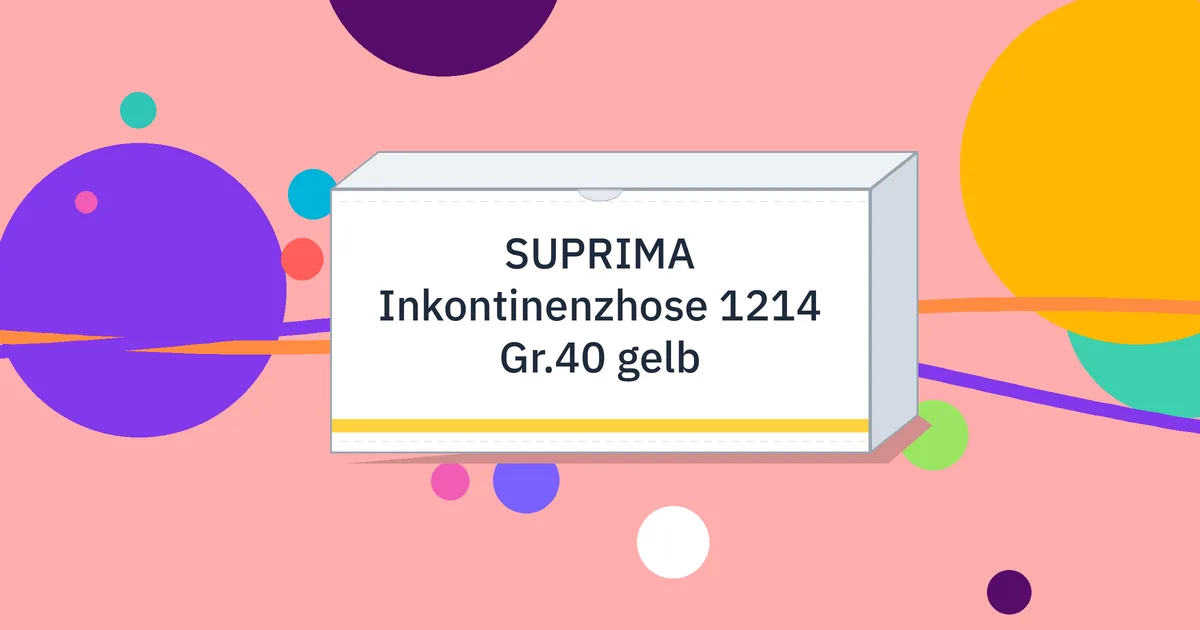 Symbolbild: Packung mit der Aufschrift SUPRIMA Inkontinenzhose 1214 Gr.40 gelb (PZN 02852090) – Verfügbarkeit und Bezug in Apotheken in Frankfurt am Main