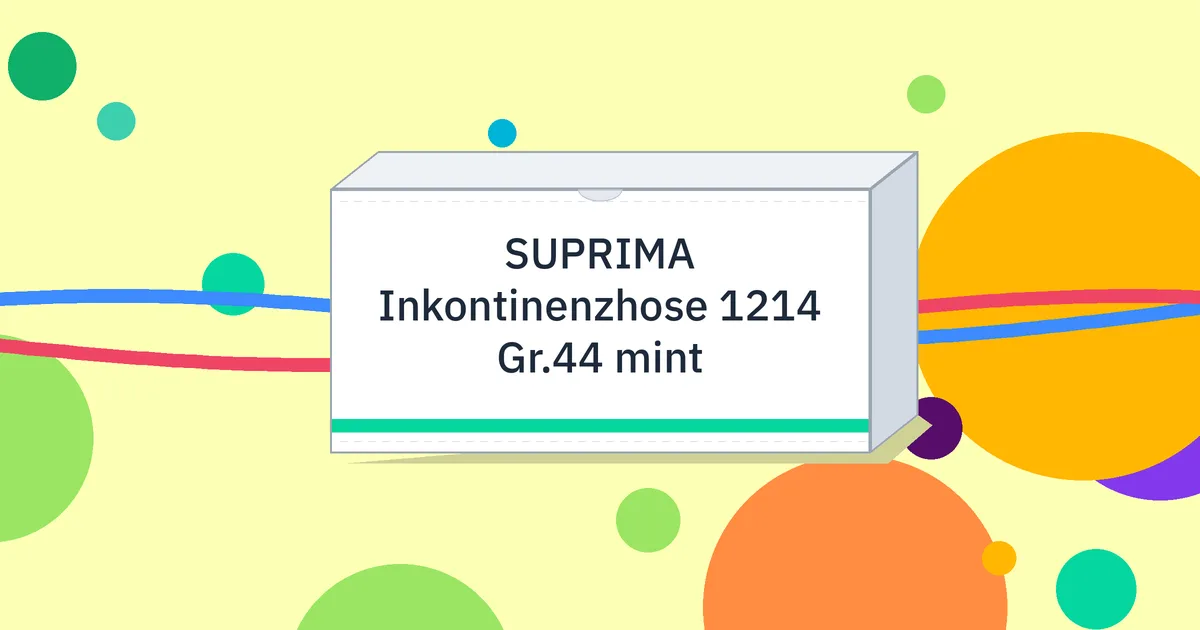Symbolbild: Packung mit der Aufschrift SUPRIMA Inkontinenzhose 1214 Gr.44 mint (PZN 07633286) – Verfügbarkeit und Bezug in Apotheken in Frankfurt am Main