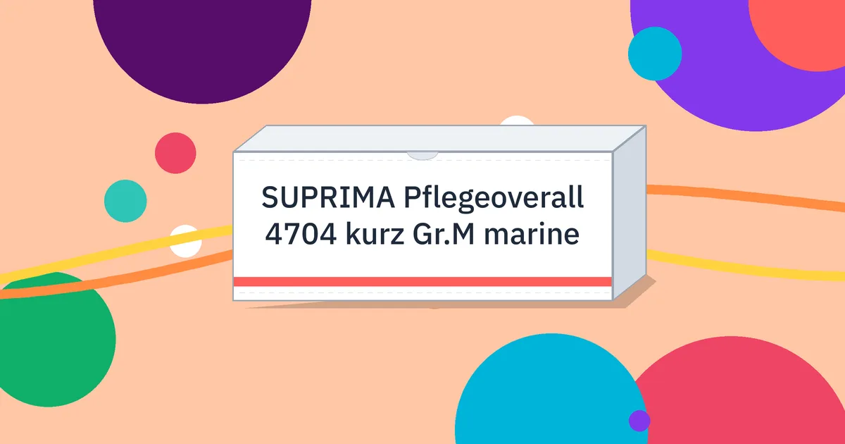 Symbolbild: Packung mit der Aufschrift SUPRIMA Pflegeoverall 4704 kurz Gr.M marine (PZN 12668312) – Verfügbarkeit und Bezug in Apotheken in Frankfurt am Main