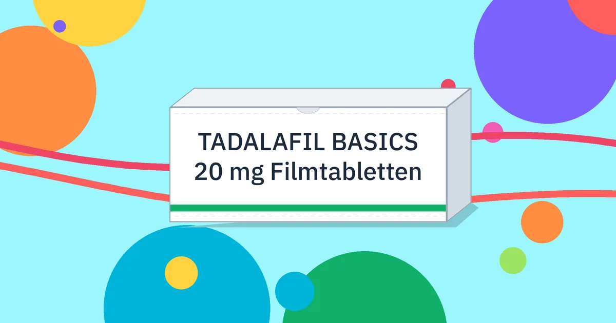 Symbolbild: Packung mit der Aufschrift TADALAFIL BASICS 20 mg Filmtabletten (PZN 14131160) – Verfügbarkeit und Bezug in Apotheken in Frankfurt am Main