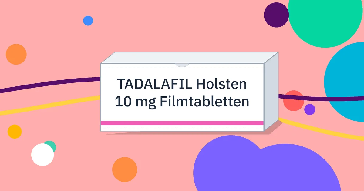 Symbolbild: Packung mit der Aufschrift TADALAFIL Holsten 10 mg Filmtabletten (PZN 19208677) – Verfügbarkeit und Bezug in Apotheken in Frankfurt am Main