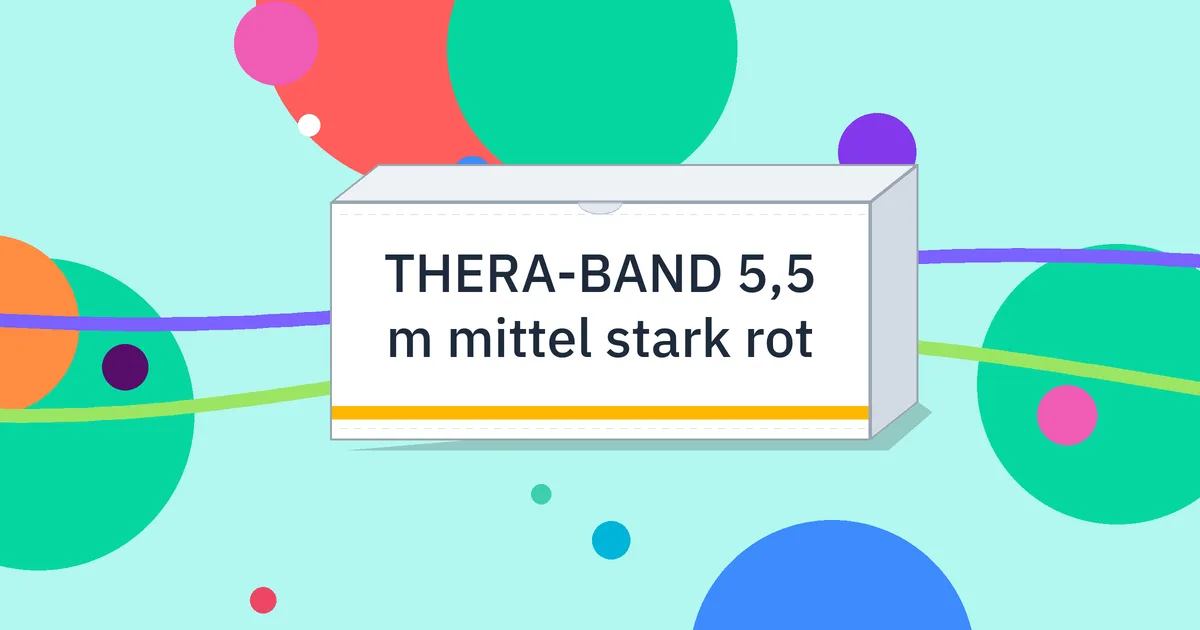 Symbolbild: Packung mit der Aufschrift THERA-BAND 5,5 m mittel stark rot (PZN 00221936) – Verfügbarkeit und Bezug in Apotheken in Frankfurt am Main