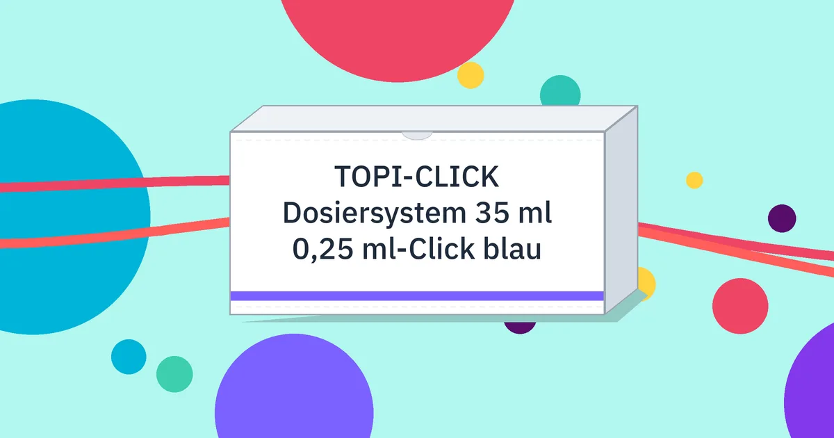 Symbolbild: Packung mit der Aufschrift TOPI-CLICK Dosiersystem 35 ml 0,25 ml-Click blau (PZN 16226924) – Verfügbarkeit und Bezug in Apotheken in Frankfurt am Main