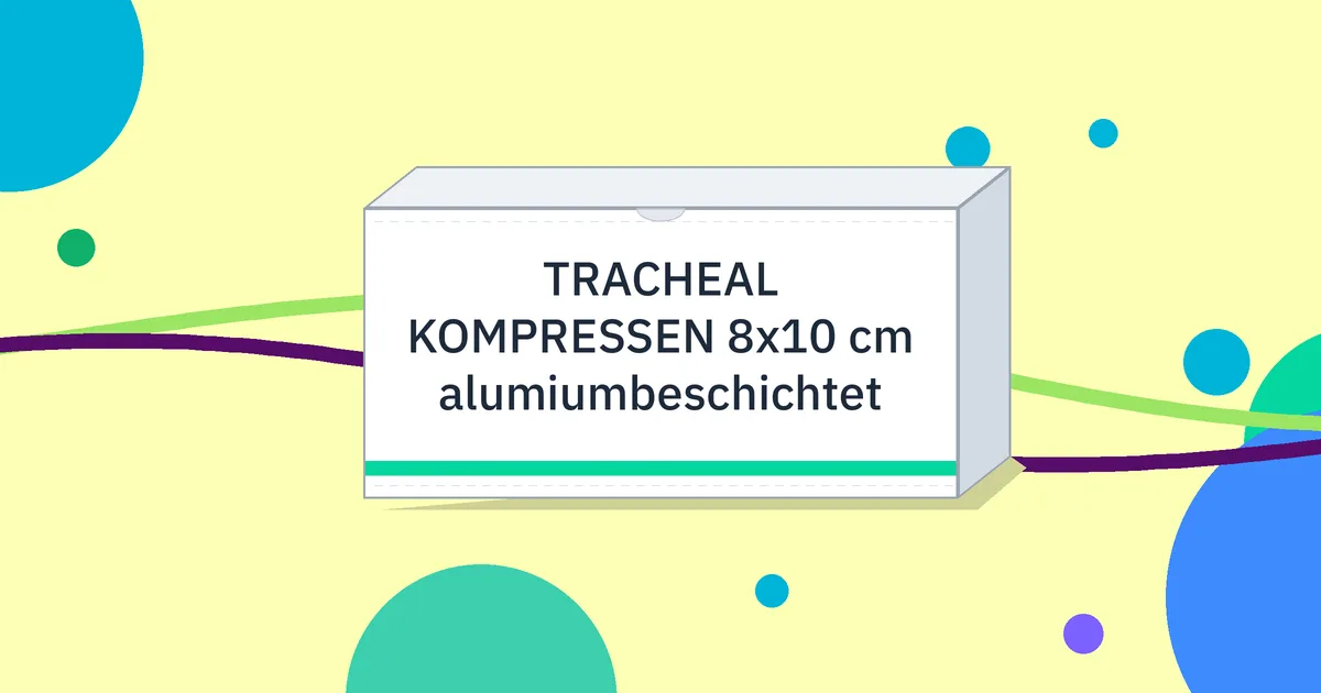 Symbolbild: Packung mit der Aufschrift TRACHEAL KOMPRESSEN 8x10 cm alumiumbeschichtet (PZN 18453593) – Verfügbarkeit und Bezug in Apotheken in Frankfurt am Main