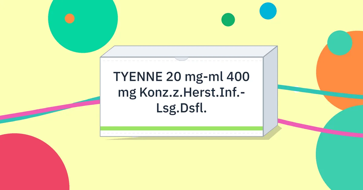 Symbolbild: Packung mit der Aufschrift TYENNE 20 mg-ml 400 mg Konz.z.Herst.Inf.-Lsg.Dsfl. (PZN 19918278) – Verfügbarkeit und Bezug in Apotheken in Frankfurt am Main