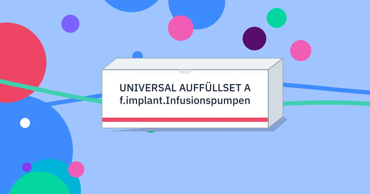 Symbolbild: Packung mit der Aufschrift UNIVERSAL AUFFÜLLSET A f.implant.Infusionspumpen (PZN 13863435) – Verfügbarkeit und Bezug in Apotheken in Frankfurt am Main