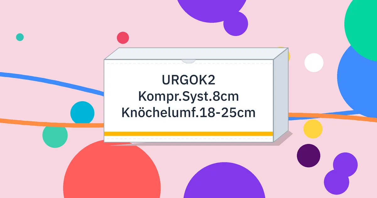 Symbolbild: Packung mit der Aufschrift URGOK2 Kompr.Syst.8cm Knöchelumf.18-25cm (PZN 05381840) – Verfügbarkeit und Bezug in Apotheken in Frankfurt am Main