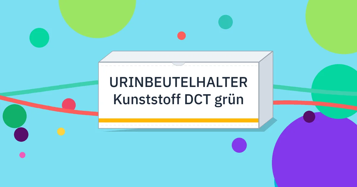 Symbolbild: Packung mit der Aufschrift URINBEUTELHALTER Kunststoff DCT grün (PZN 02920012) – Verfügbarkeit und Bezug in Apotheken in Frankfurt am Main