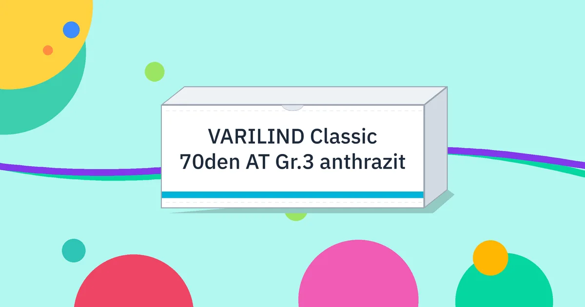 Symbolbild: Packung mit der Aufschrift VARILIND Classic 70den AT Gr.3 anthrazit (PZN 09521870) – Verfügbarkeit und Bezug in Apotheken in Frankfurt am Main