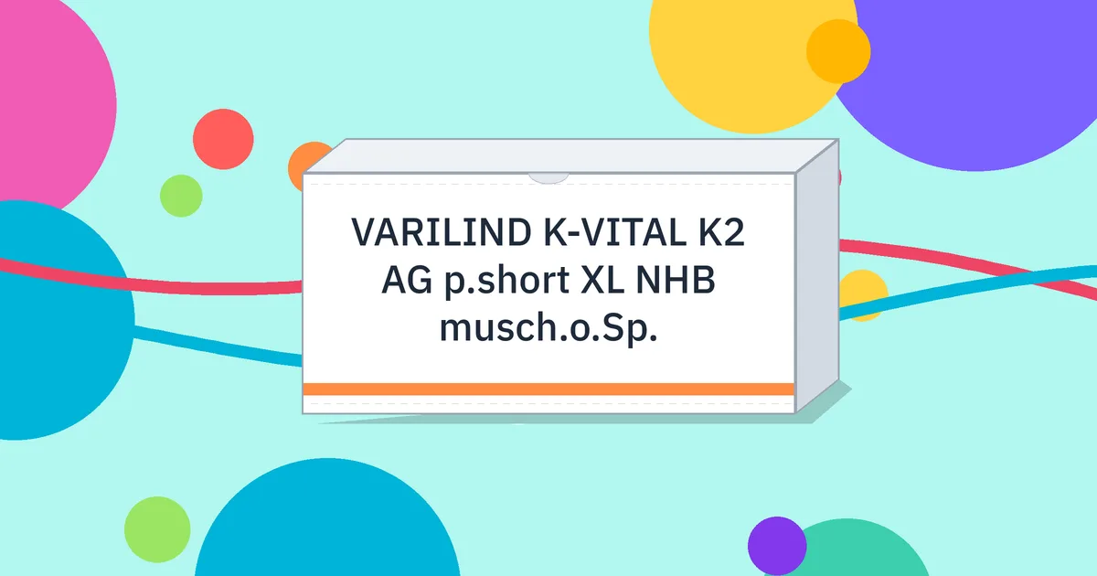 Symbolbild: Packung mit der Aufschrift VARILIND K-VITAL K2 AG p.short XL NHB musch.o.Sp. (PZN 20565721) – Verfügbarkeit und Bezug in Apotheken in Frankfurt am Main