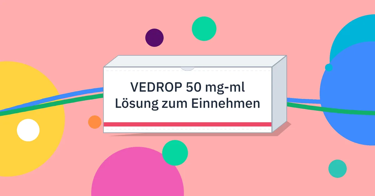 Symbolbild: Packung mit der Aufschrift VEDROP 50 mg-ml Lösung zum Einnehmen (PZN 05387073) – Verfügbarkeit und Bezug in Apotheken in Frankfurt am Main