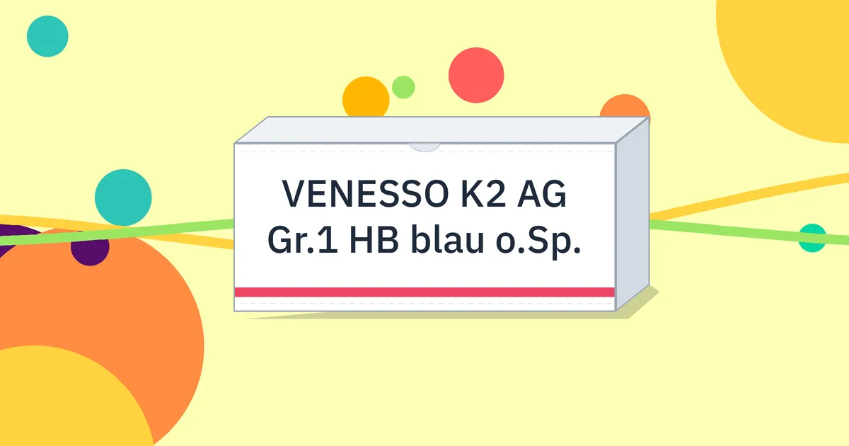 Symbolbild: Packung mit der Aufschrift VENESSO K2 AG Gr.1 HB blau o.Sp. (PZN 03265822) – Verfügbarkeit und Bezug in Apotheken in Frankfurt am Main